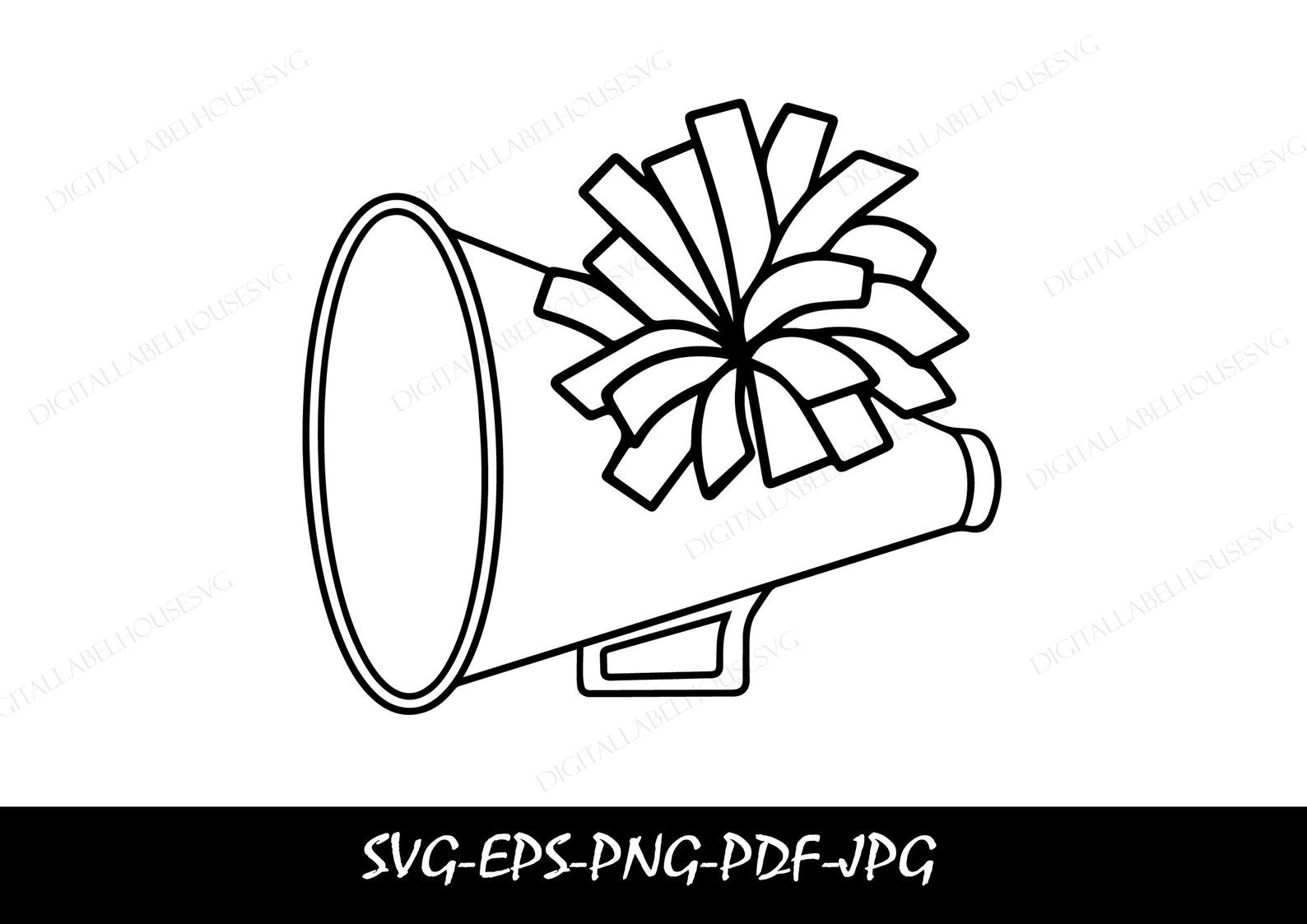 Black Cheerleader Megaphone With Pom Pom Outline for Cheer, Cheering ...