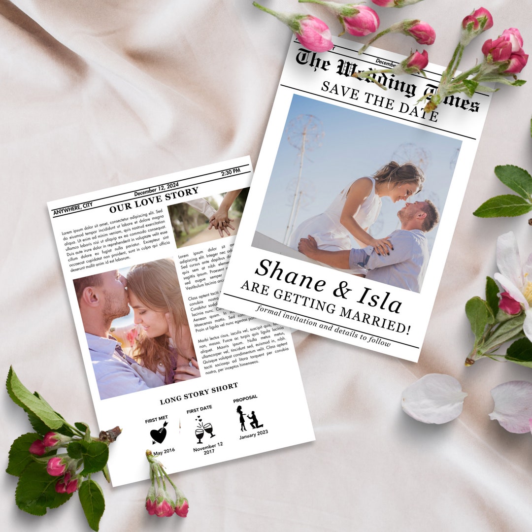 Newspaper Wedding Save the Date Template, Editable Newspaper Template ...