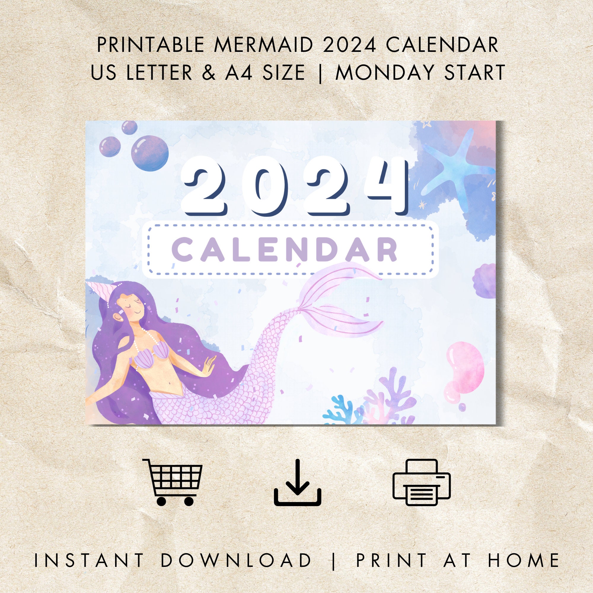 Printable Mermaid 2024 Calendar 12 Month Calendar 2024 - Etsy