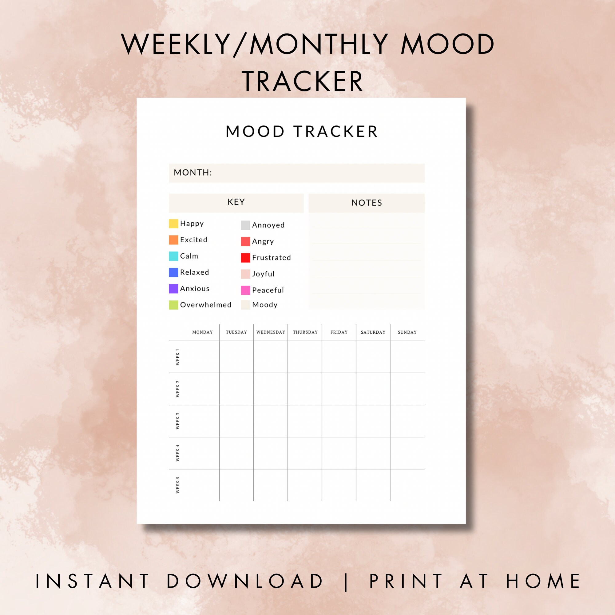 Mood Tracker Printable Minimalist Mood Tracker, Yearly & Monthly Mood ...