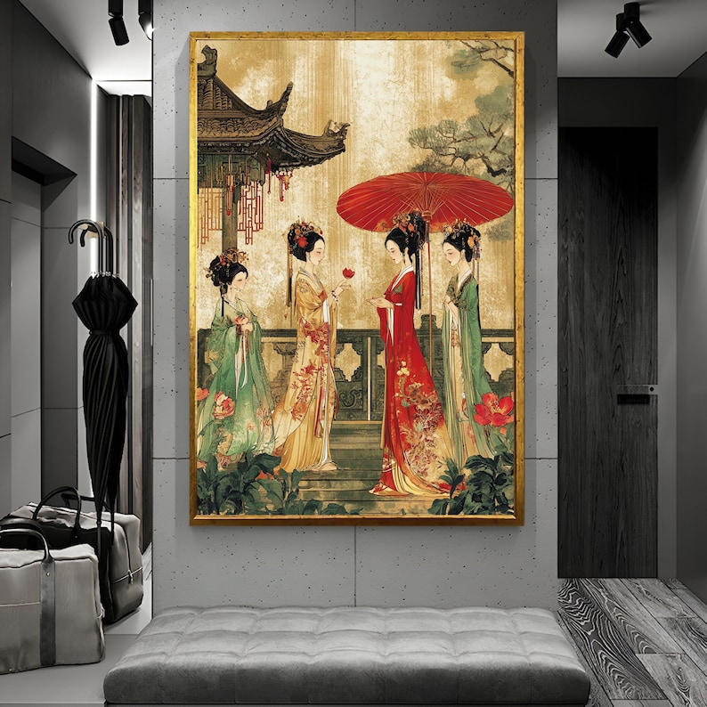 Chinese Women Art Canvas: Framed Vintage Oriental Painting - Etsy