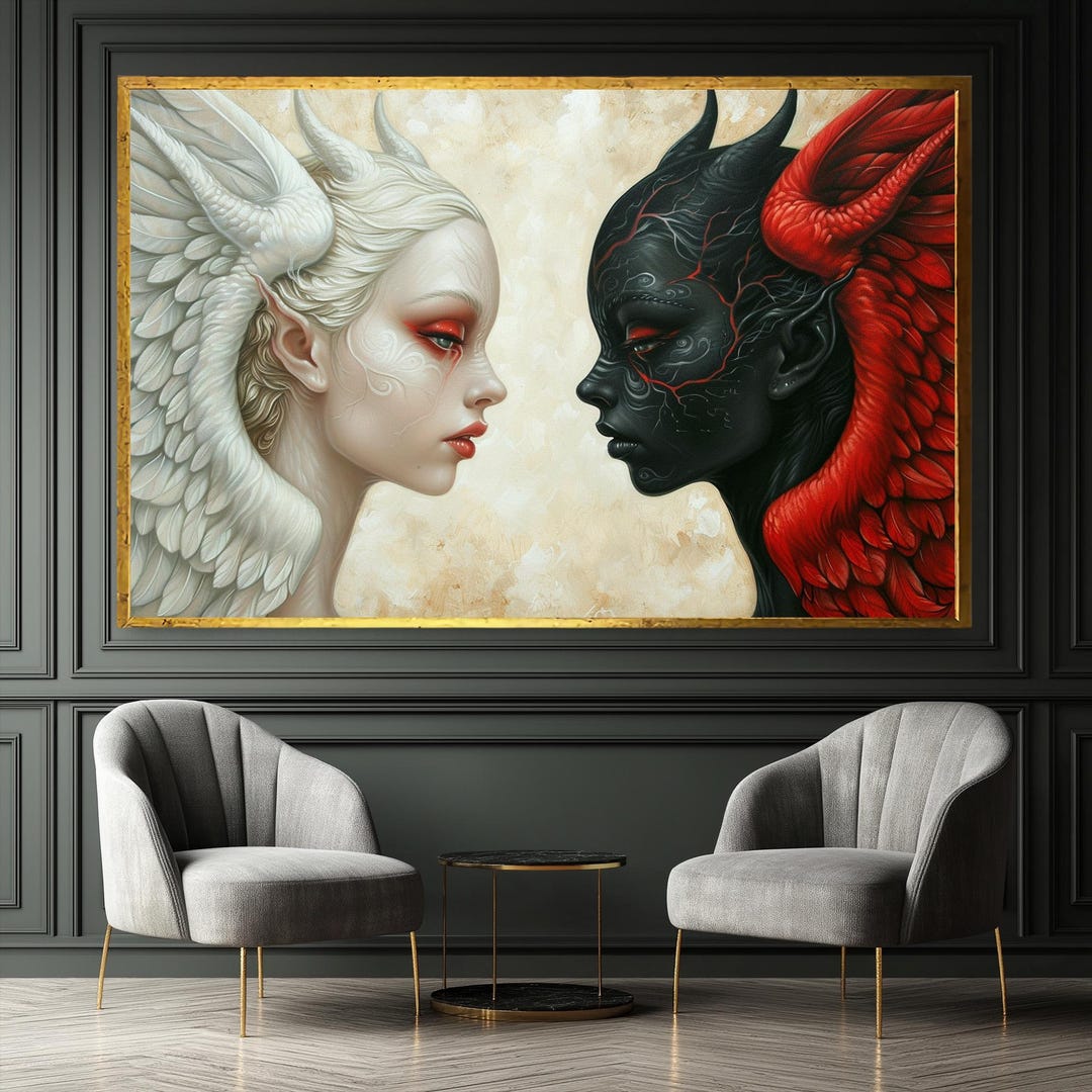 Gothic Angel and Demon Painting Black and White Wall Decor Framed Wall ...