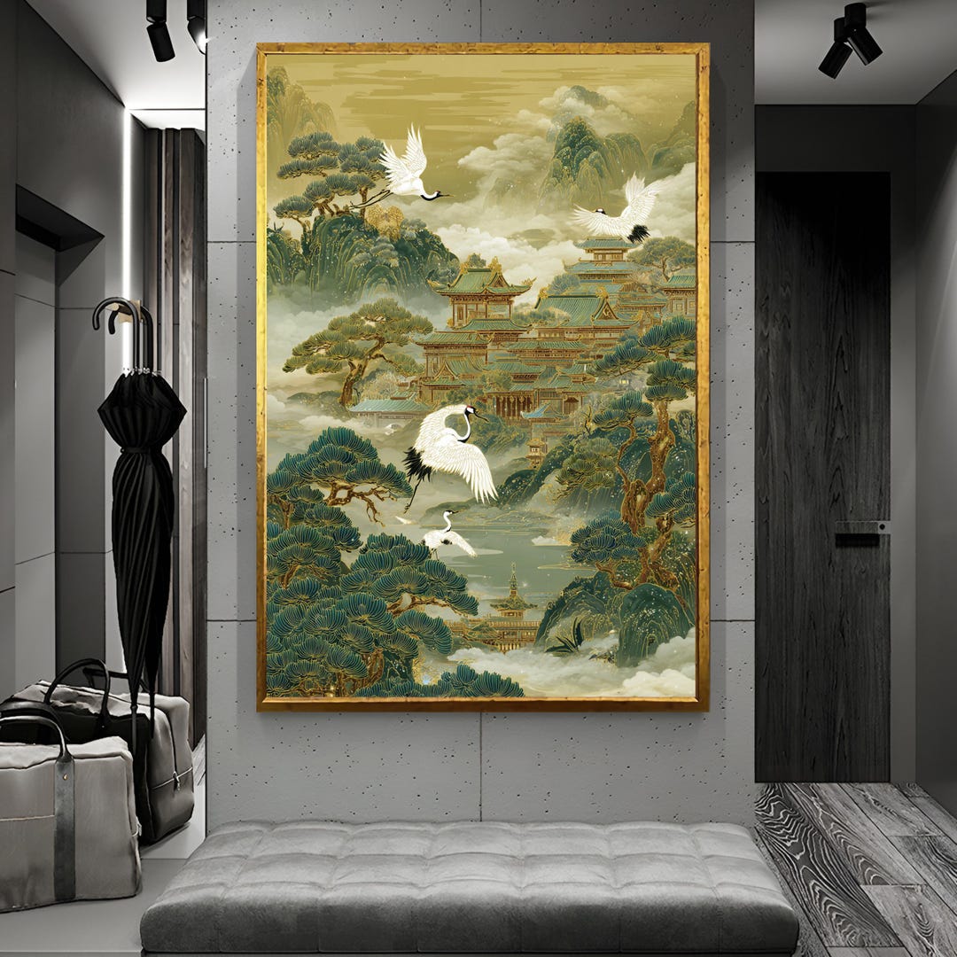 Crane Bird Japanese Landscape Canvas Art: Zen Asian Decor, Wood Frame ...