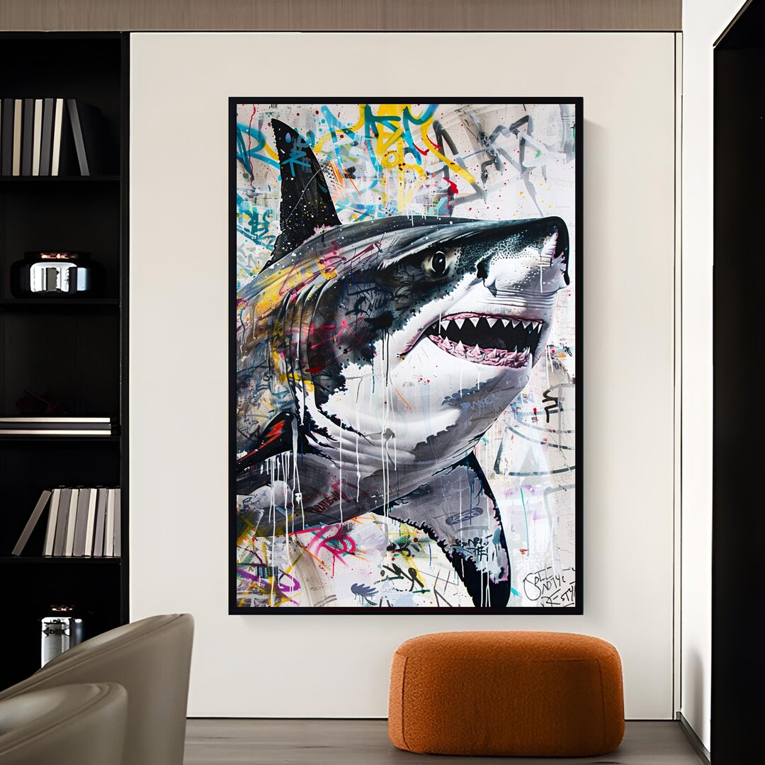 Graffiti Shark Art Banksy Art Gift Pop Art Shark Decor Shark Gifts Fish ...