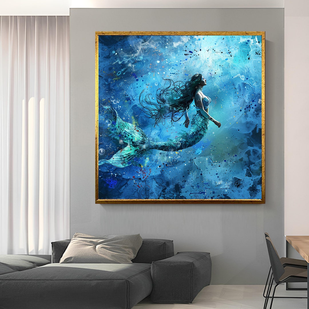 Mermaid Wall Art Ocean Design Modern Unique, Ready to Hang Oversized ...