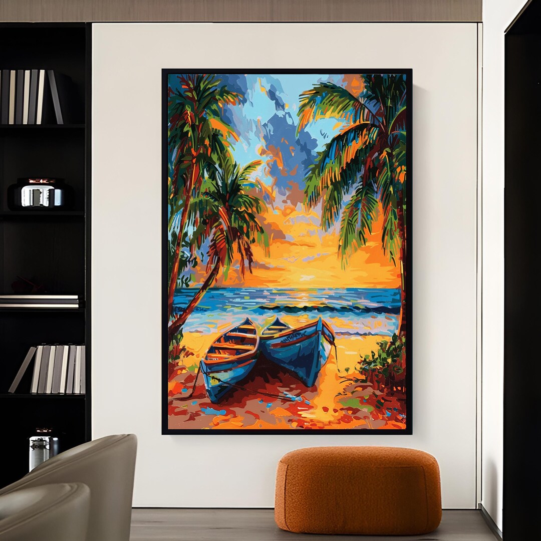 Beach Scene Canvas Art Tropical Sunset Boat Painting Coastal Wall Art ...