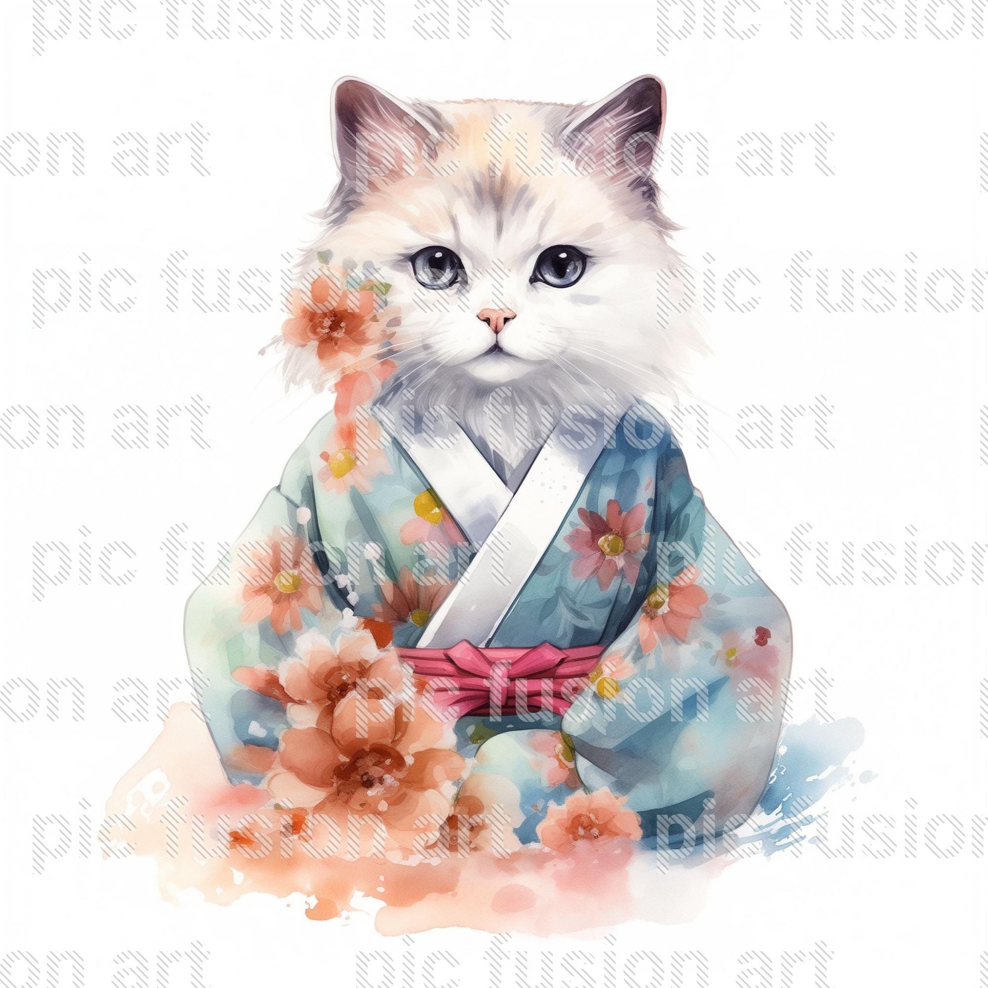 15 Cat in Kimono Clipart | Japanese Cat Illustration Set | Cute Feline ...