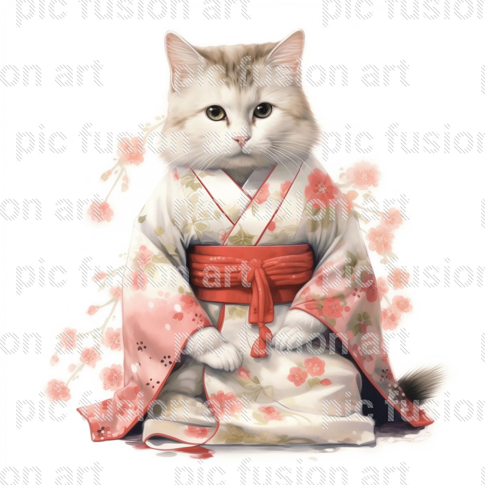15 Cat in Kimono Clipart | Japanese Cat Illustration Set | Cute Feline ...
