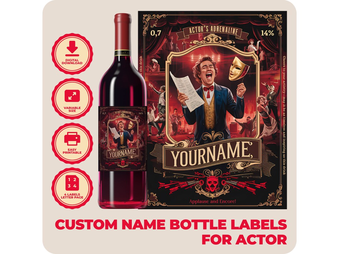 Printable Bottle Label for Actor Unique Custom Gift for Actor, Digital ...