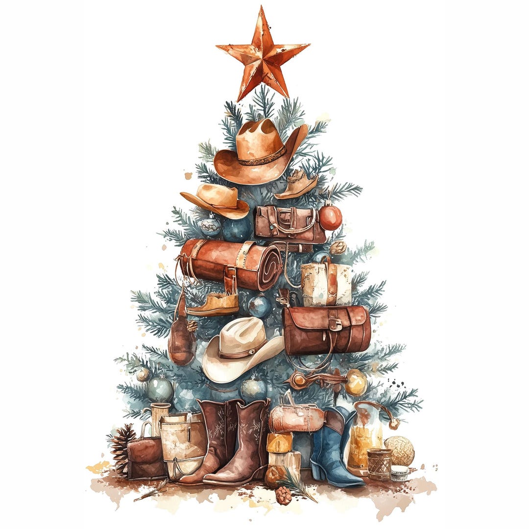 15 Western and Cowboy Christmas Tree Clipart Set Rustic Holiday ...