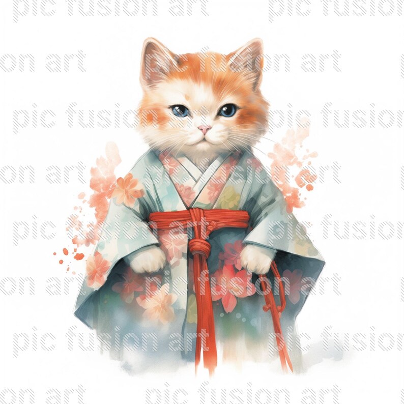 15 Cat in Kimono Clipart | Japanese Cat Illustration Set | Cute Feline ...