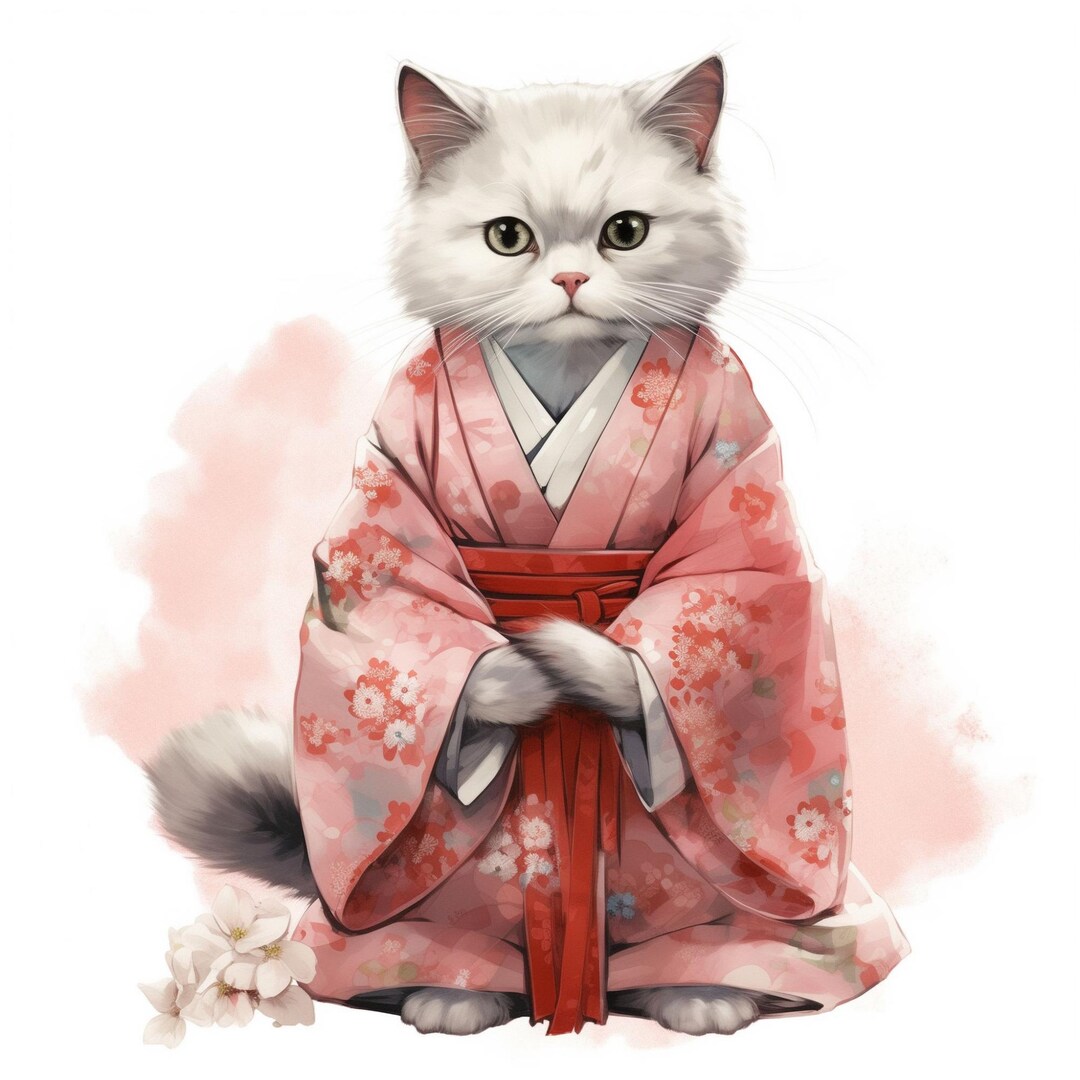 15 Cat in Kimono Clipart | Japanese Cat Illustration Set | Cute Feline ...