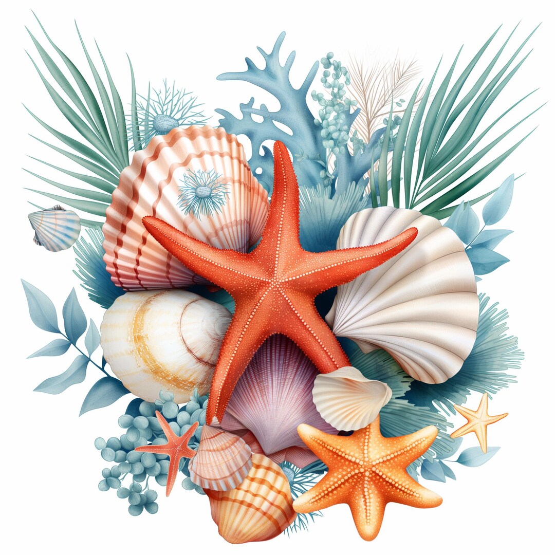 12 Watercolor Floral Starfish and Shells Clipart, Ocean-inspired ...