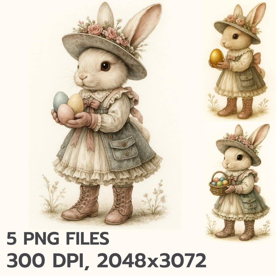 Antique Easter Rabbit Clipart | Vintage Bunny Watercolor Art | 5 High ...