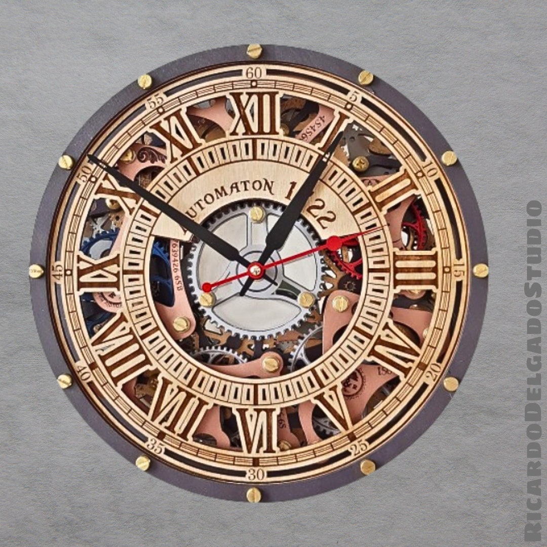 Automaton Skeleton 1722 Moving Gear Wall Clock, Vintage Wood Mechanical ...