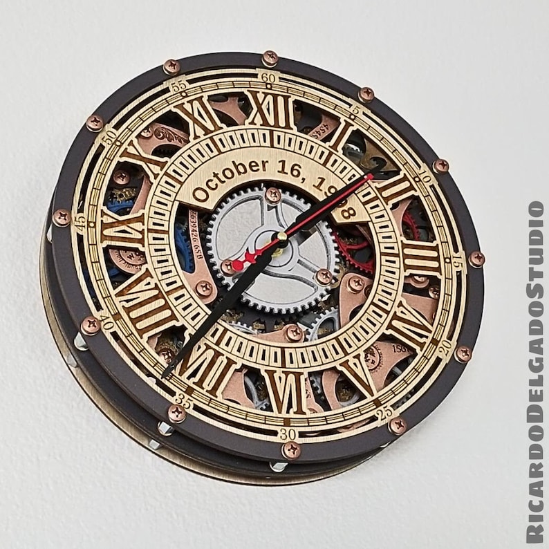 Automaton Skeleton 1722 Moving Gear Wall Clock, Vintage Wood Mechanical ...