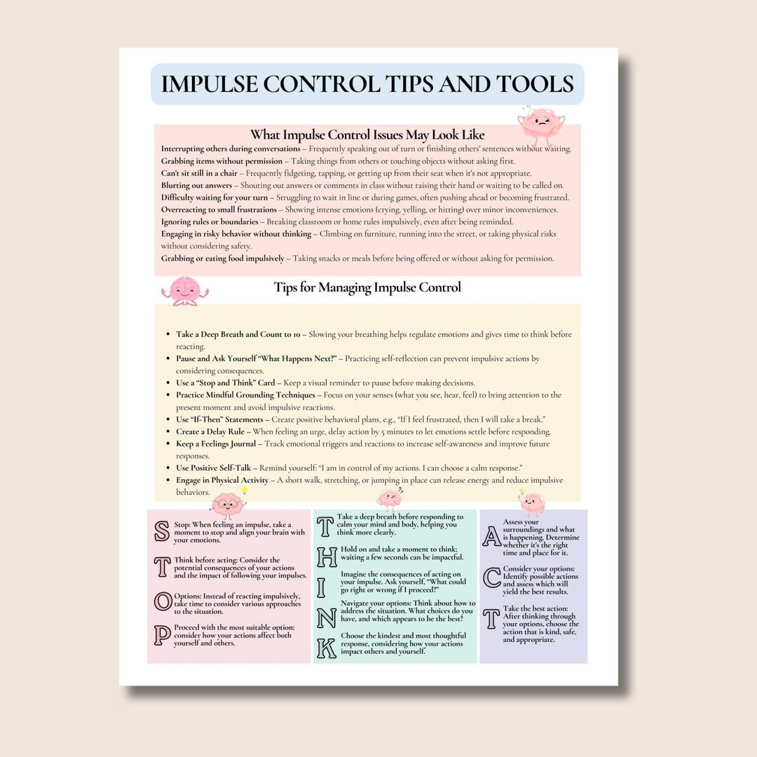 Stop Think Act Cheat Sheet for Kids Impulse Control and Emotional ...