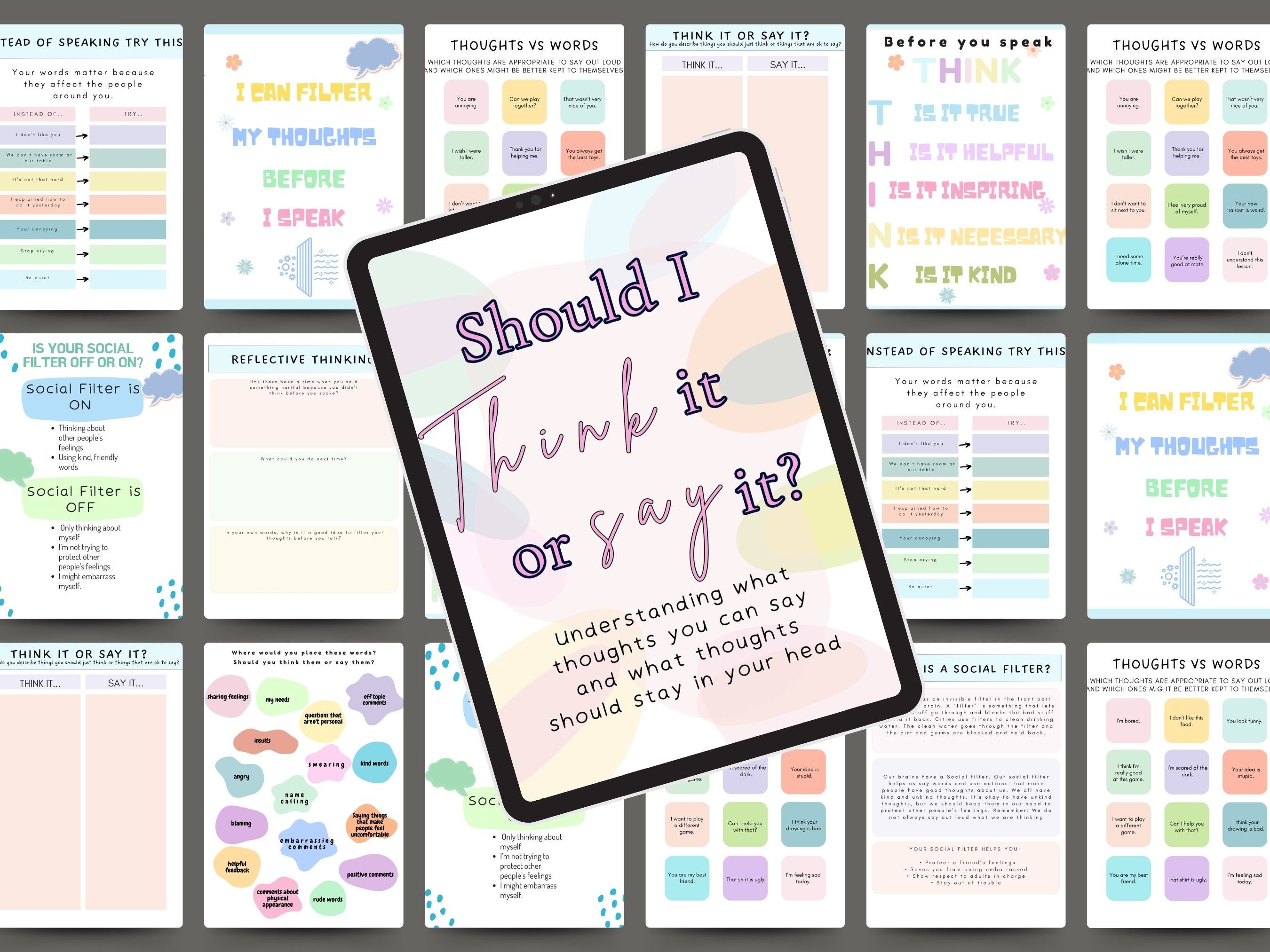 Think It or Say It Worksheets, Social Filter Activities, Social Skills ...