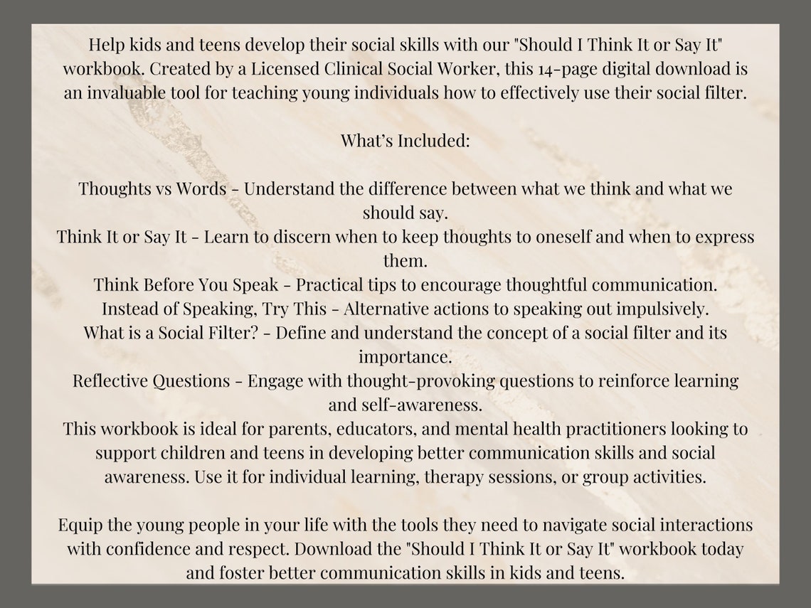 Think It or Say It Worksheets, Social Filter Activities, Social Skills ...