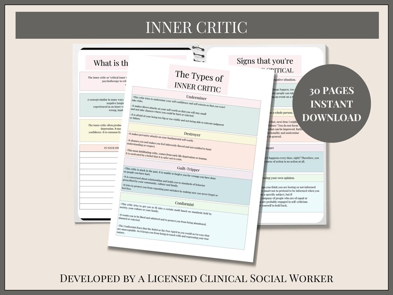 Inner Critic Workbook Self Esteem Therapy Worksheets, Mental Health ...