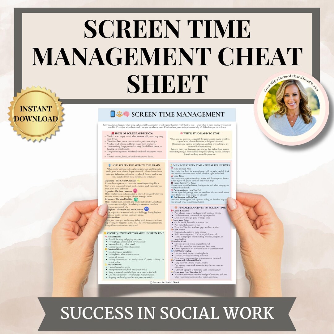 Screen Time Addiction Cheat Sheet, Social Media Literacy, Screen ...