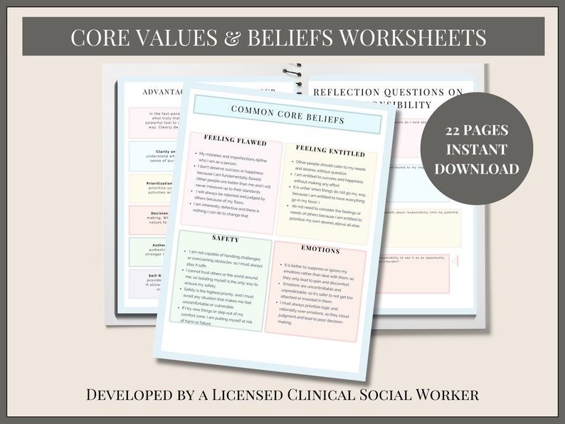 Core Values and Beliefs Worksheets, Challenging Negative Thoughts, Self ...