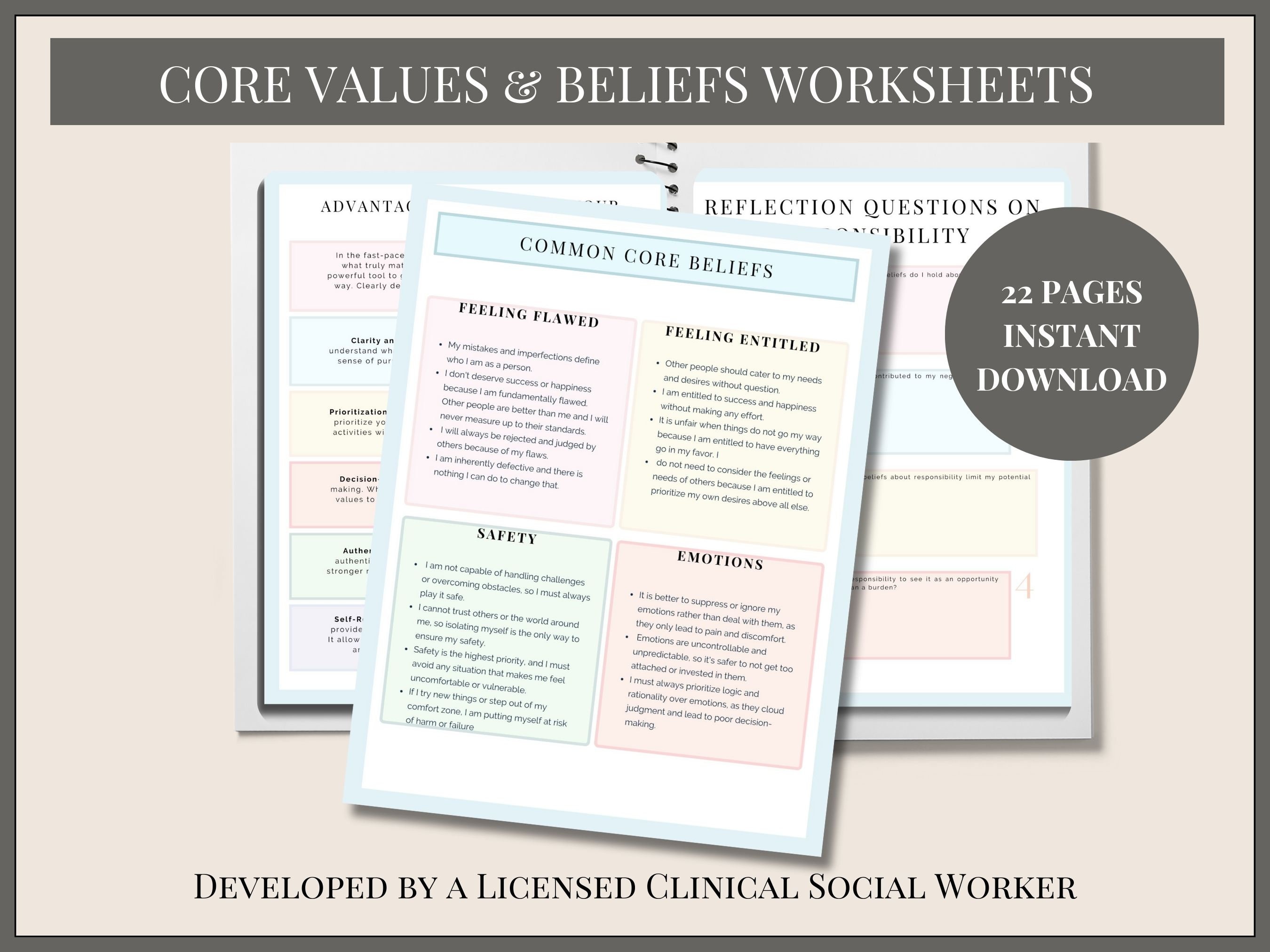 Core Values and Beliefs Worksheets, Challenging Negative Thoughts, Self ...