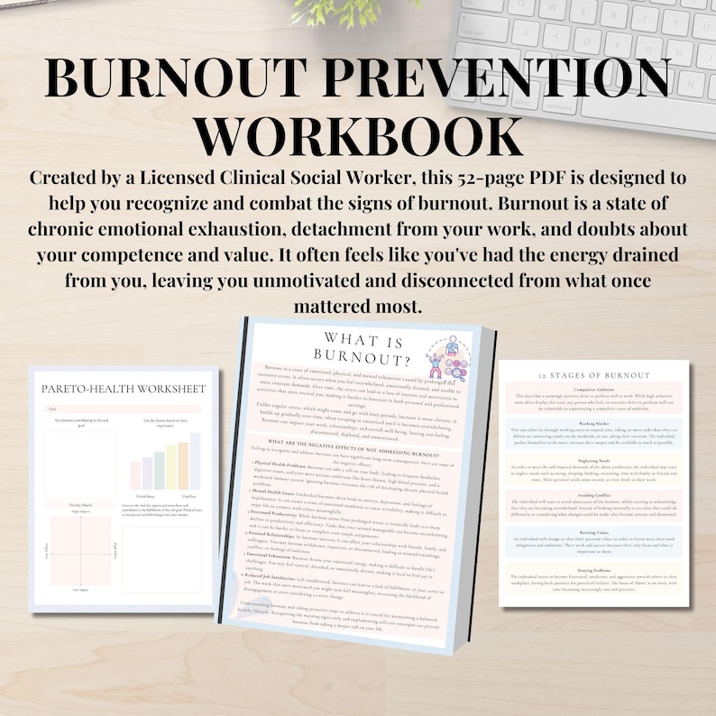 Burnout and Prevention Workbook, Stress Worksheets, Self-care, Therapy ...