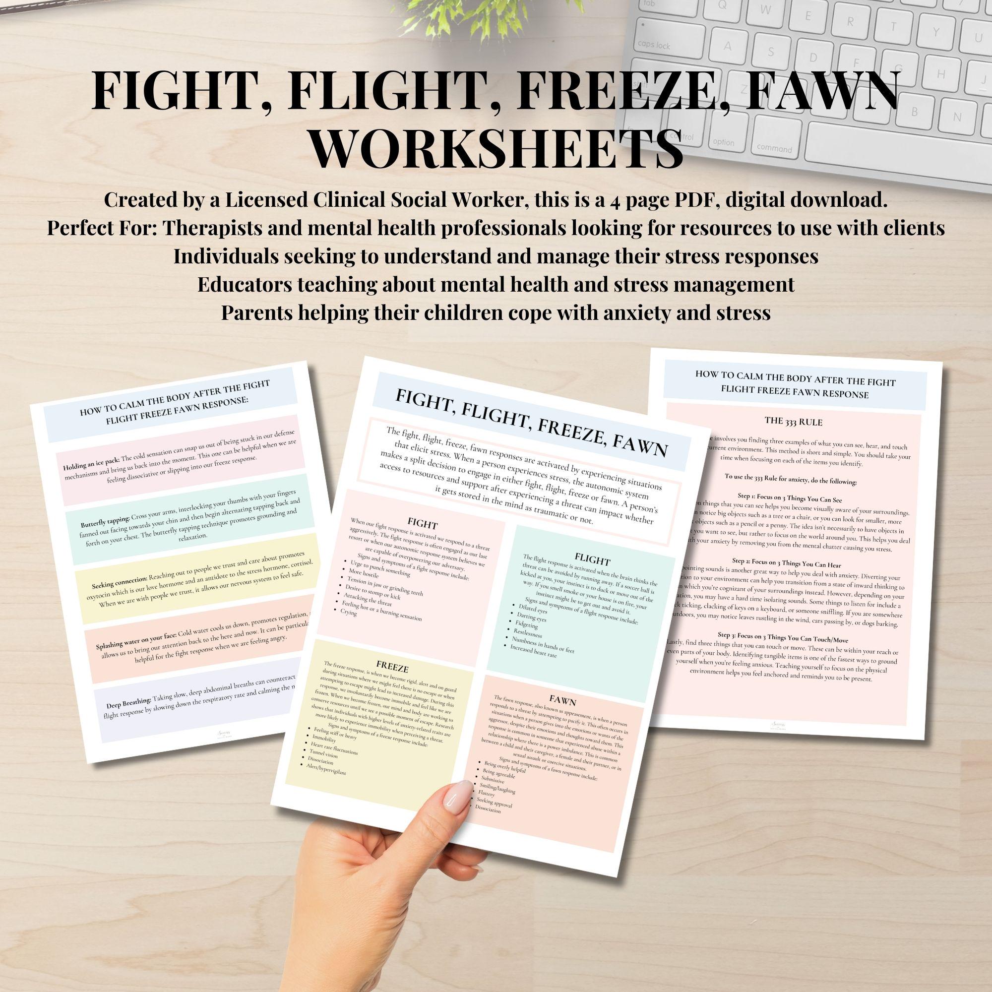 Fight Flight Freeze Fawn Therapy Worksheets, Stress Response, Fight or ...