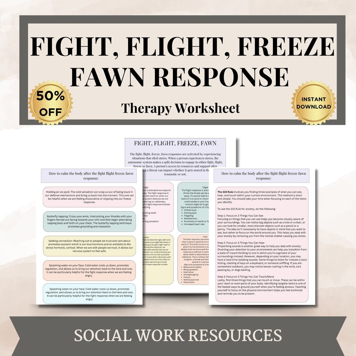 Fight Flight Freeze Fawn Therapy Worksheets, Stress Response, Fight or ...