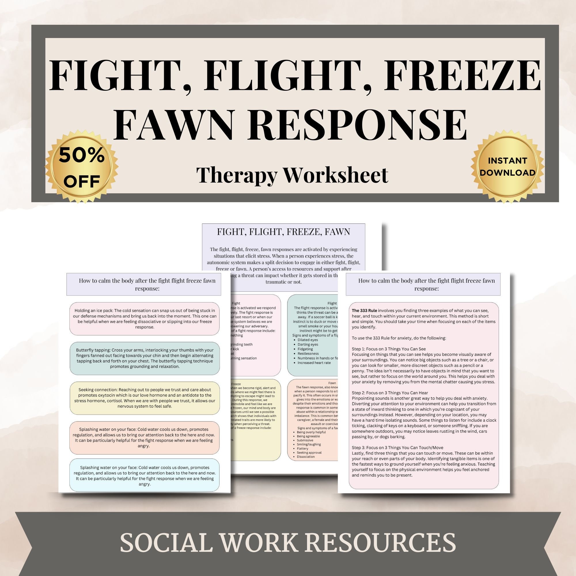 Fight Flight Freeze Fawn Therapy Worksheets, Stress Response, Fight or ...