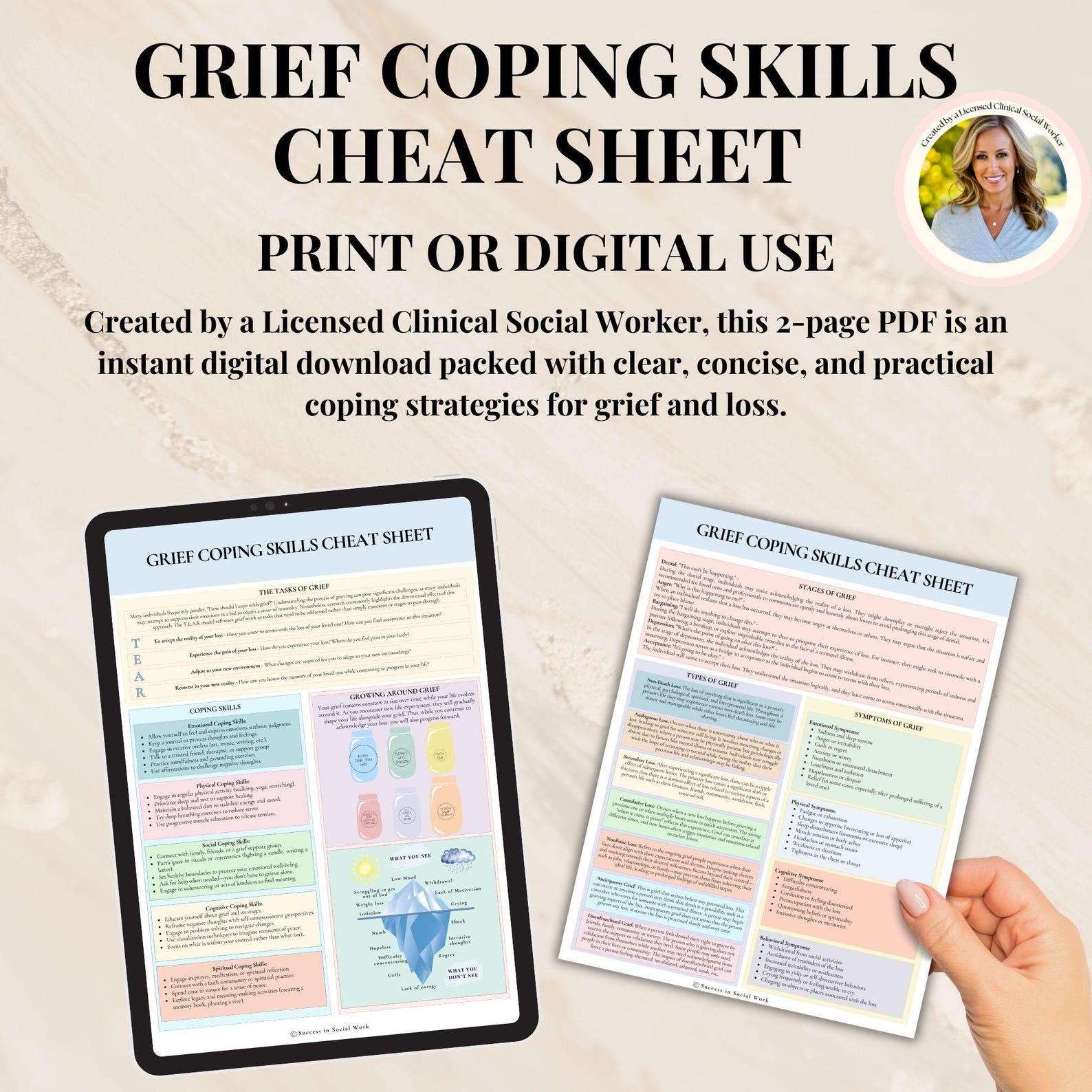 Grief Coping Skills Cheat Sheet,therapy Resources,psychologist Tools ...