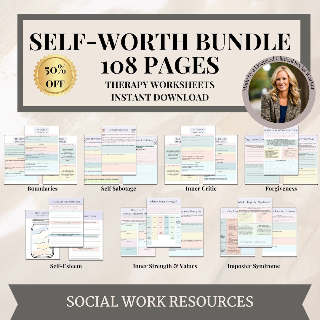 Self Worth Therapy Worksheet Bundle, Self Esteem, Confidence, Inner ...