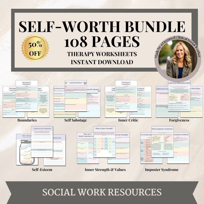 Self Worth Therapy Worksheet Bundle, Self Esteem, Confidence, Inner Critic, Self Sabotage, Self ...
