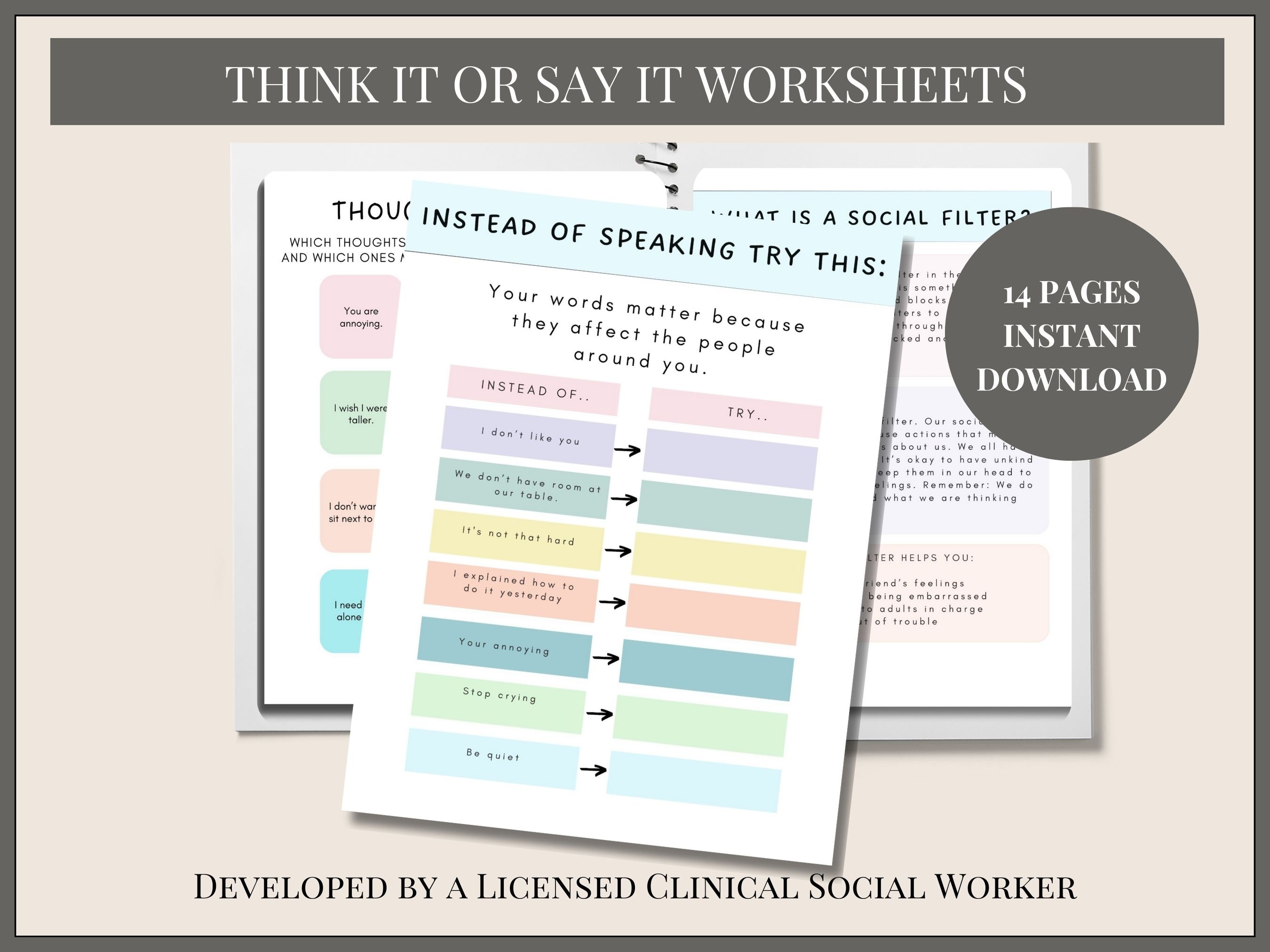 Think It or Say It Worksheets, Social Filter Activities, Social Skills ...