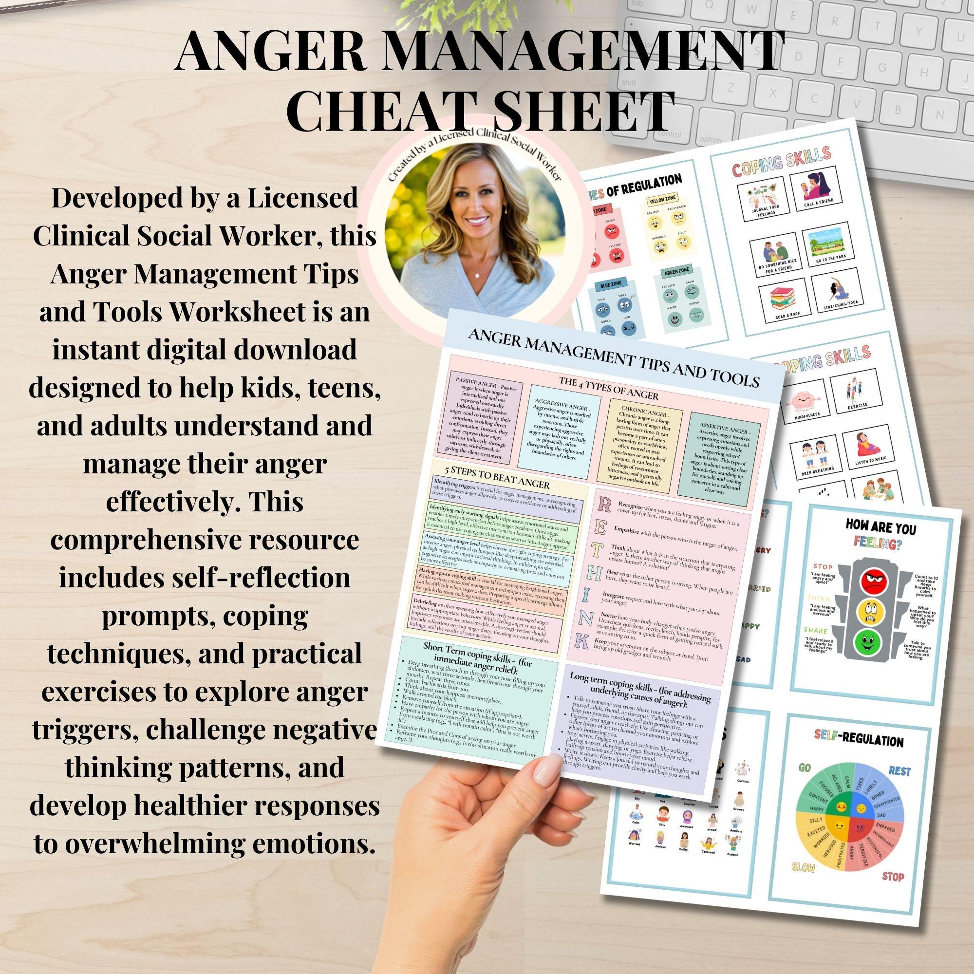 Anger Management Cheat Sheet Therapy Worksheets Calming Strategies Self ...