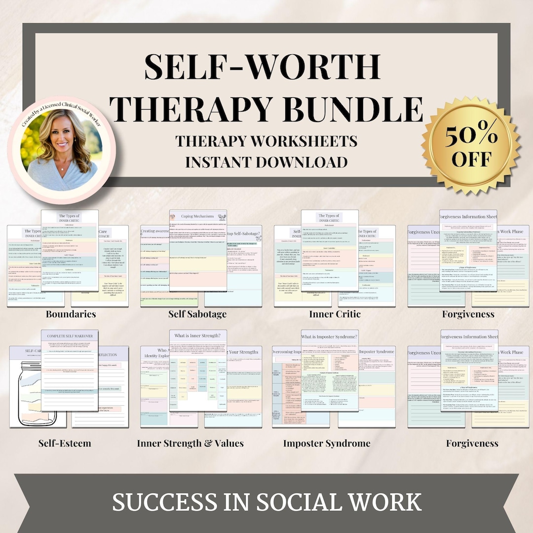 Self Worth Therapy Worksheet Bundle,self Esteem,self-love,self-care ...