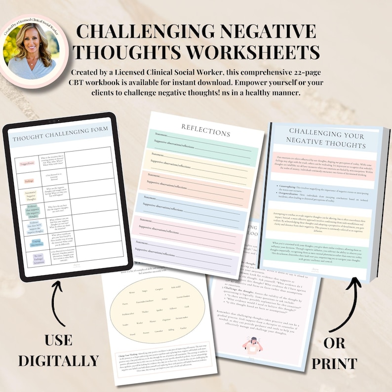Challenging Automatic Negative Thoughts, Mental Health Printable, CBT ...
