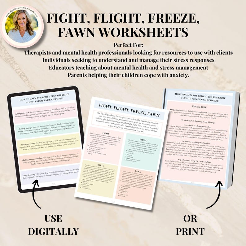 Fight Flight Freeze Fawn Therapy Worksheets, Stress Response, Fight or ...