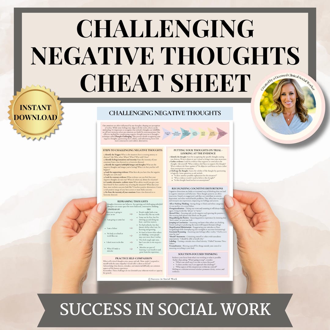 Challenging Negative Thoughts Cheat Sheet, Self-growth, CBT Tool ...