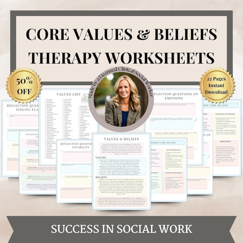 Core Values and Beliefs Worksheets, Challenging Negative Thoughts, Self-growth, CBT Tool ...