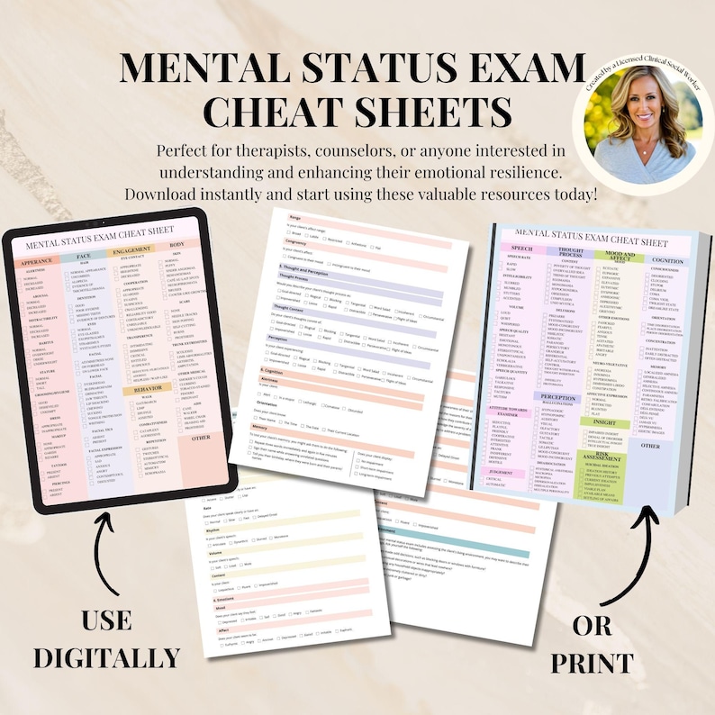 Mental Status Exam Cheat Sheet, MSE Reference Sheet,therapy Tools ...