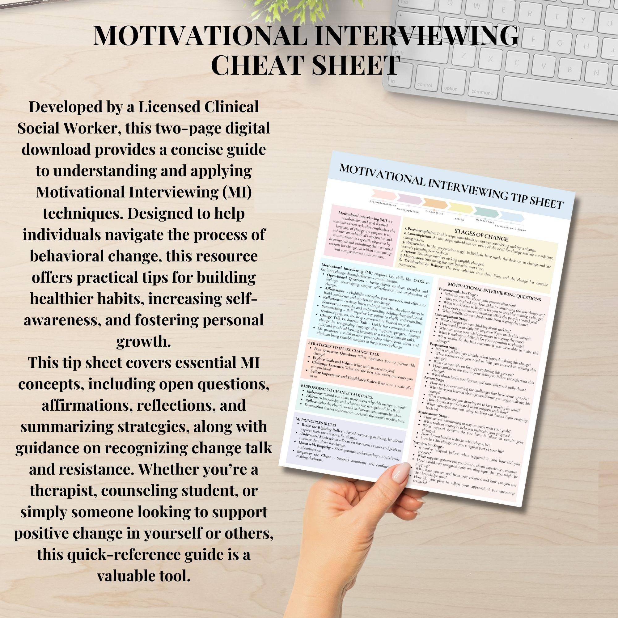 Motivational Interviewing Stages of Change Cheat Sheet, Motivational ...