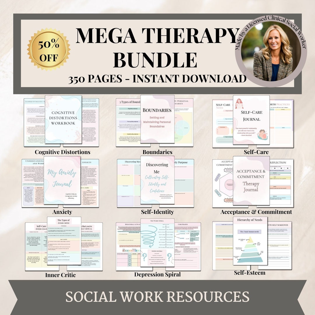Therapy Worksheet Bundle, Inner Critic, Boundaries, Trauma, Acceptance and Commitment Therapy ...