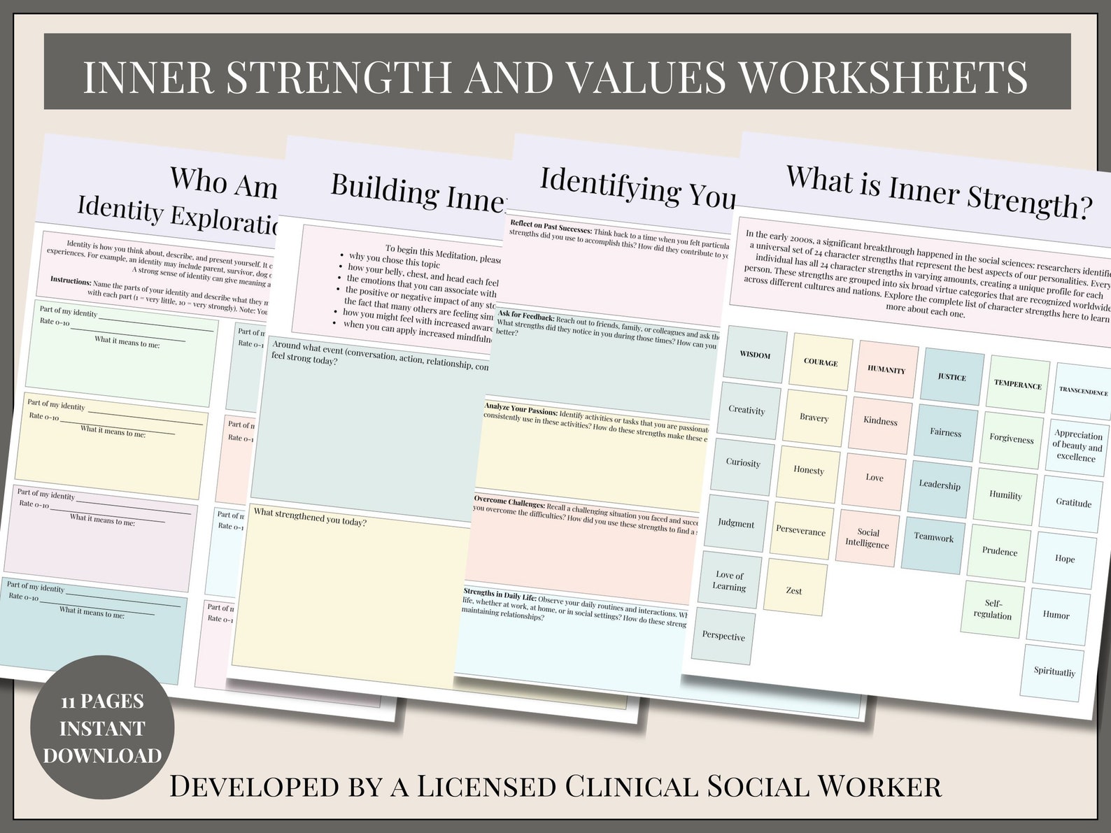 Inner Strength and Values Exploration Worksheets, Solution Focused ...