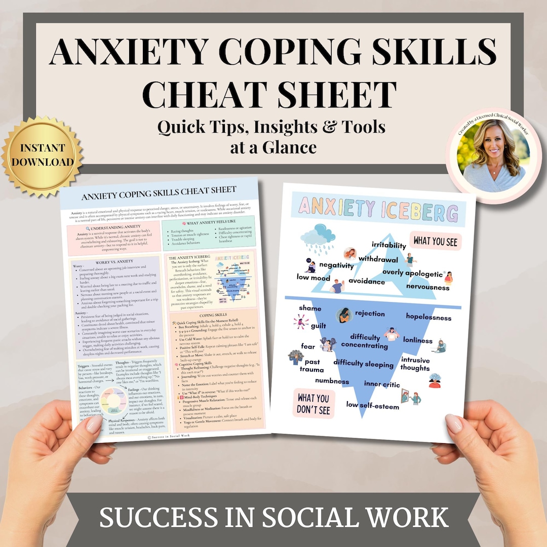 Anxiety Coping Skills Cheat Sheet for Therapist,anxiety Iceberg Therapy Worksheet,cbt Therapy ...