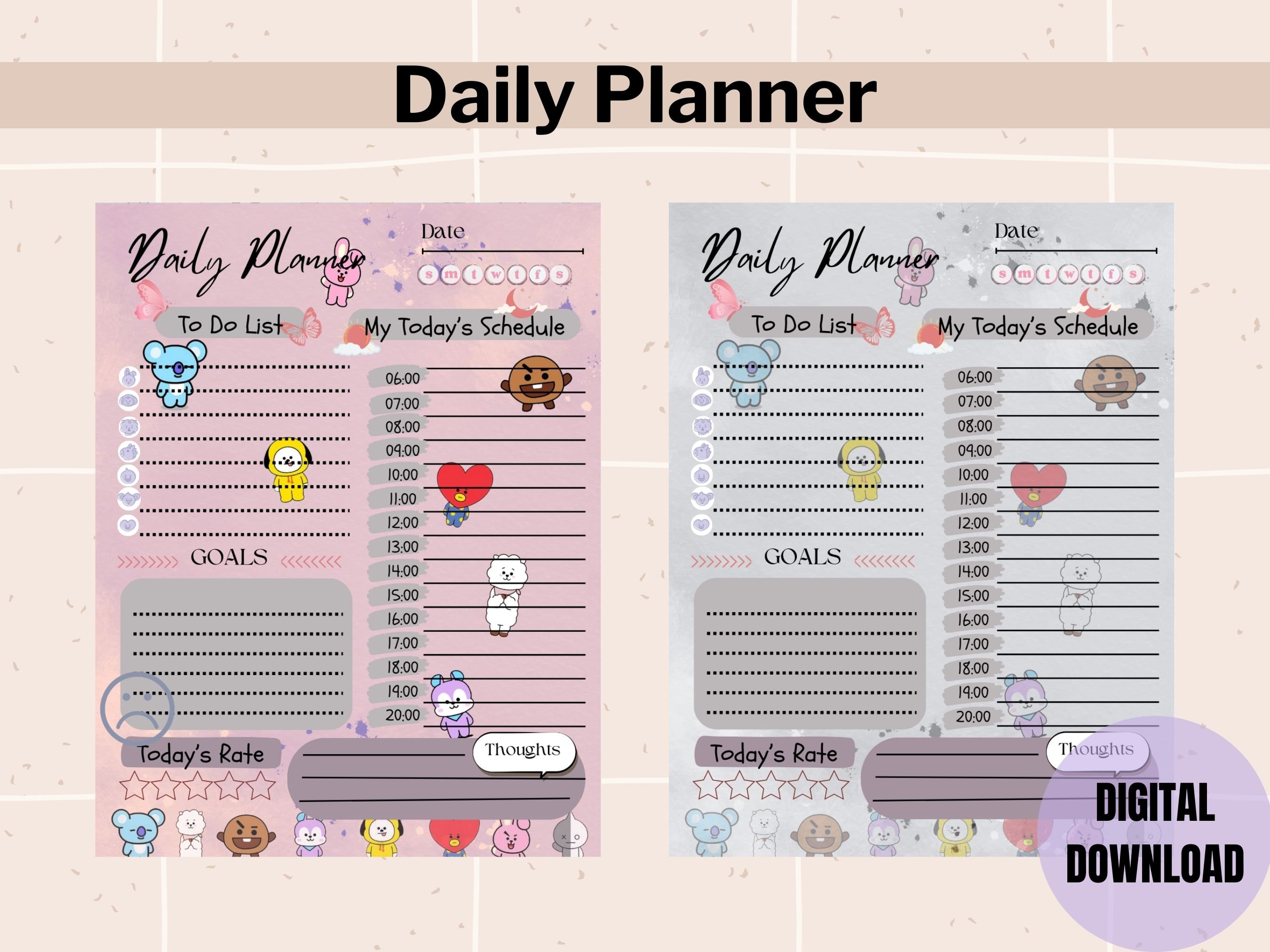 Printable Digital Planner | BT21 Daily Notes Planner Printable Instant ...