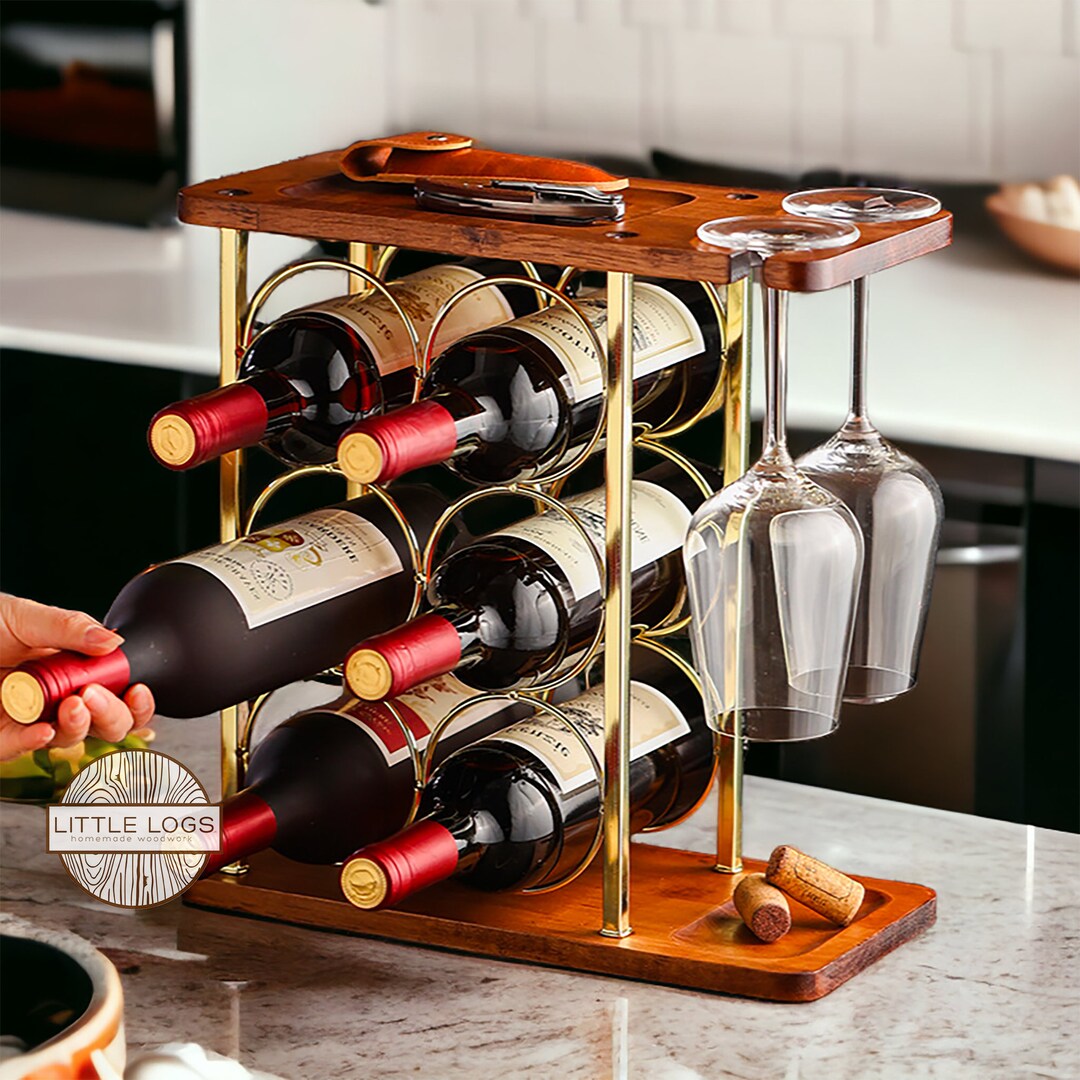 Wood Wine Bottle and Glass Rack Wine Glass Holder Rustic Kitchen Decor ...