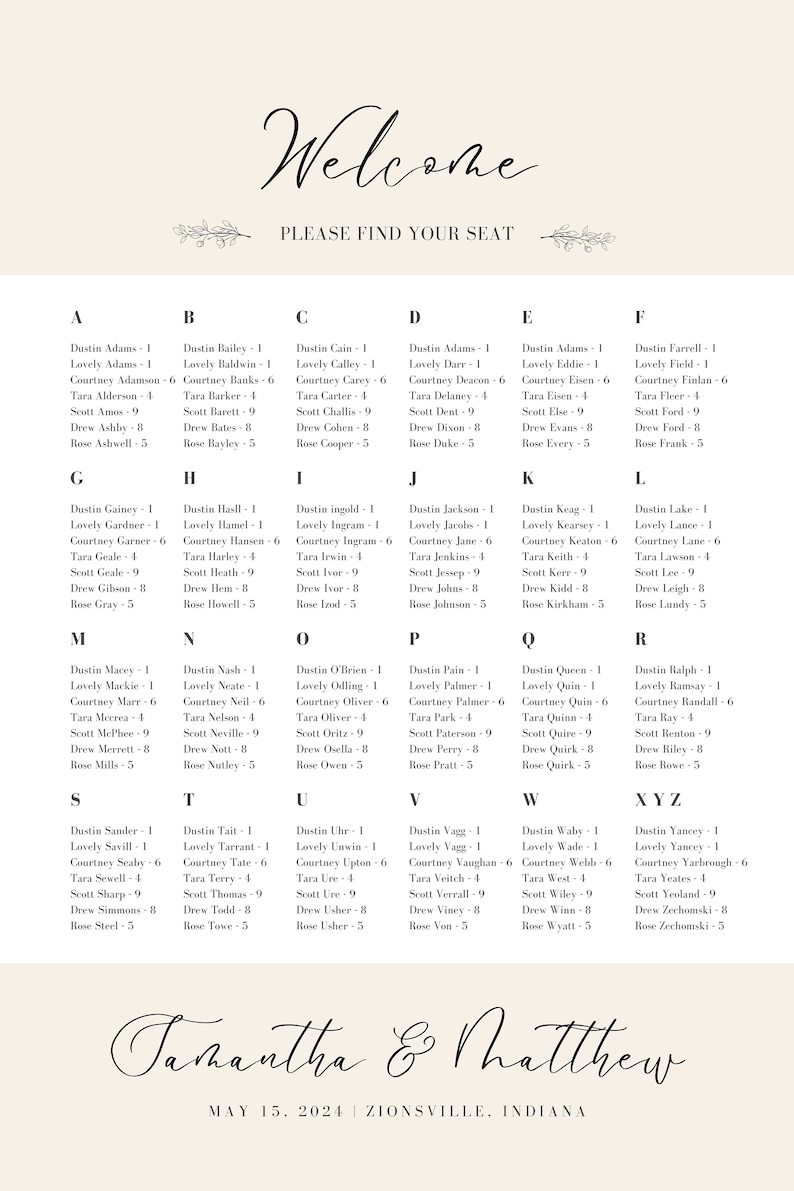 Seating Chart Sign, Reception Sign, Seating Chart Template, Wedding ...
