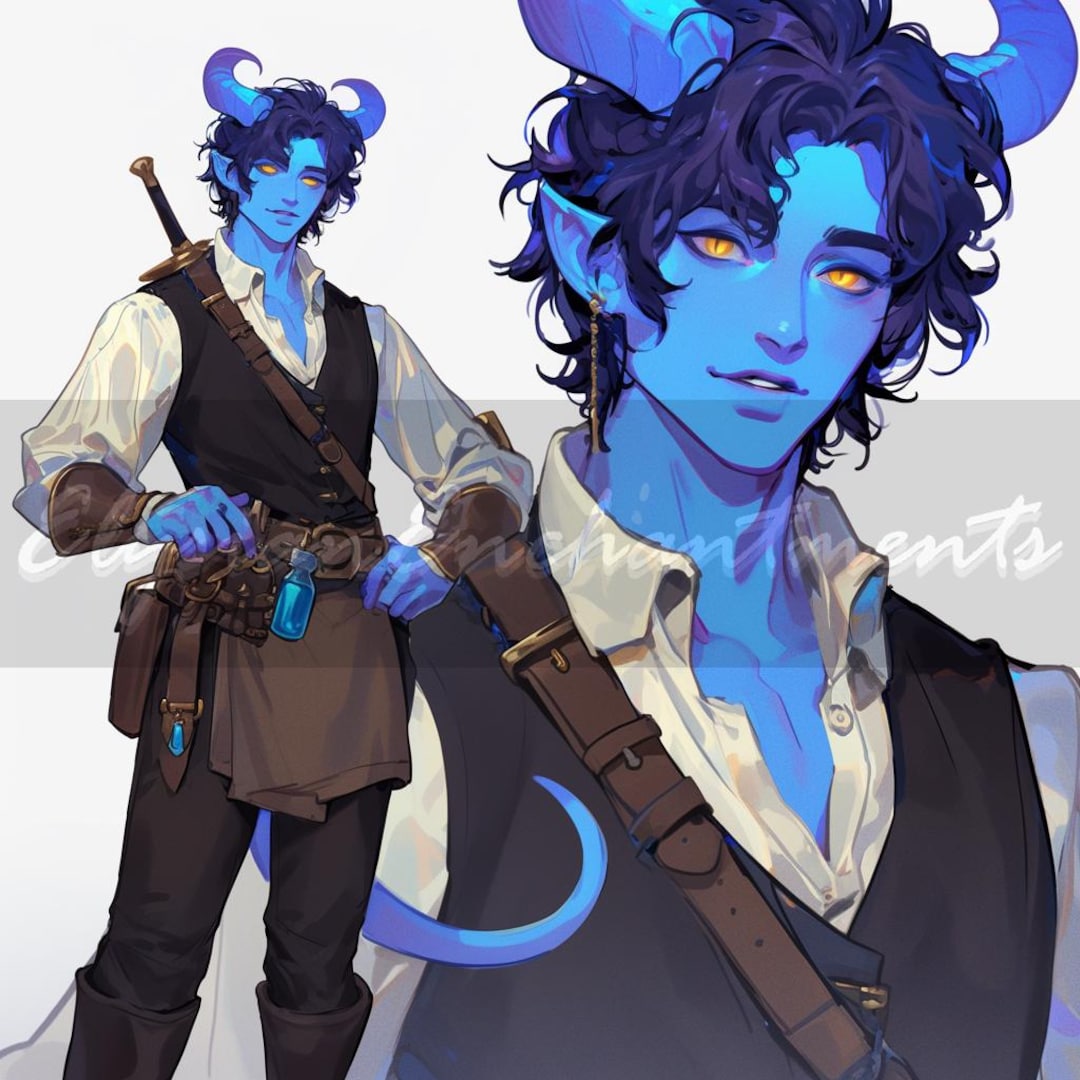 Adoptable - "urius" - Blue Tiefling Cambion Devil Horns Satyr Male ...